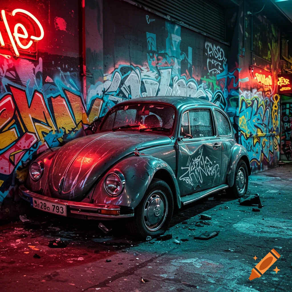 A vintage grey Volkswagen Beetle covered in white graffiti sits on a ...