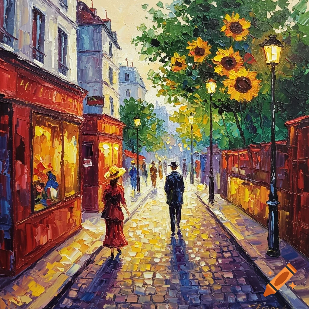 Vibrant Fauvist oil painting of a sunlit cobblestone street with people ...