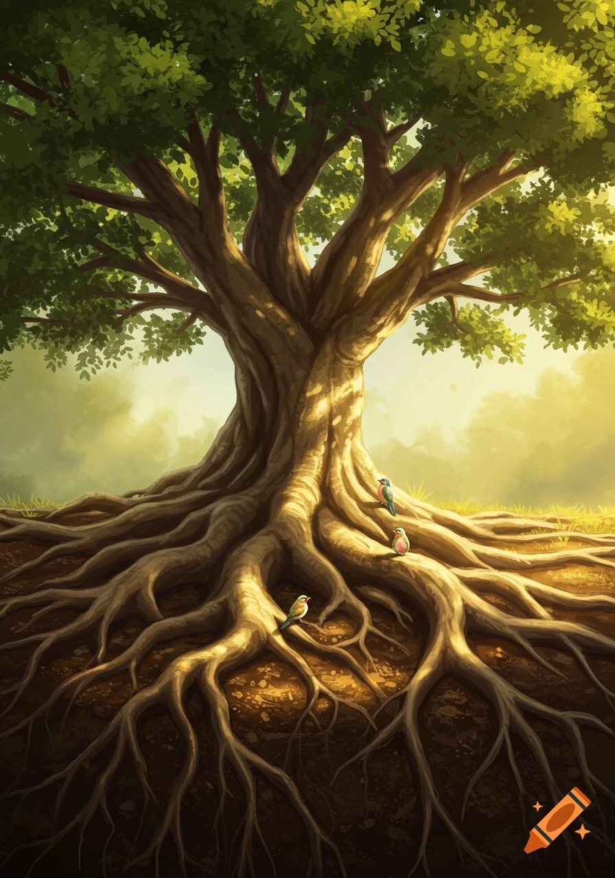 A large, ancient-looking tree with extensive exposed roots reaching ...