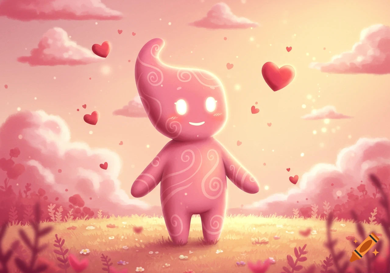 A cute, pink, blob-like character with glowing eyes stands in a ...