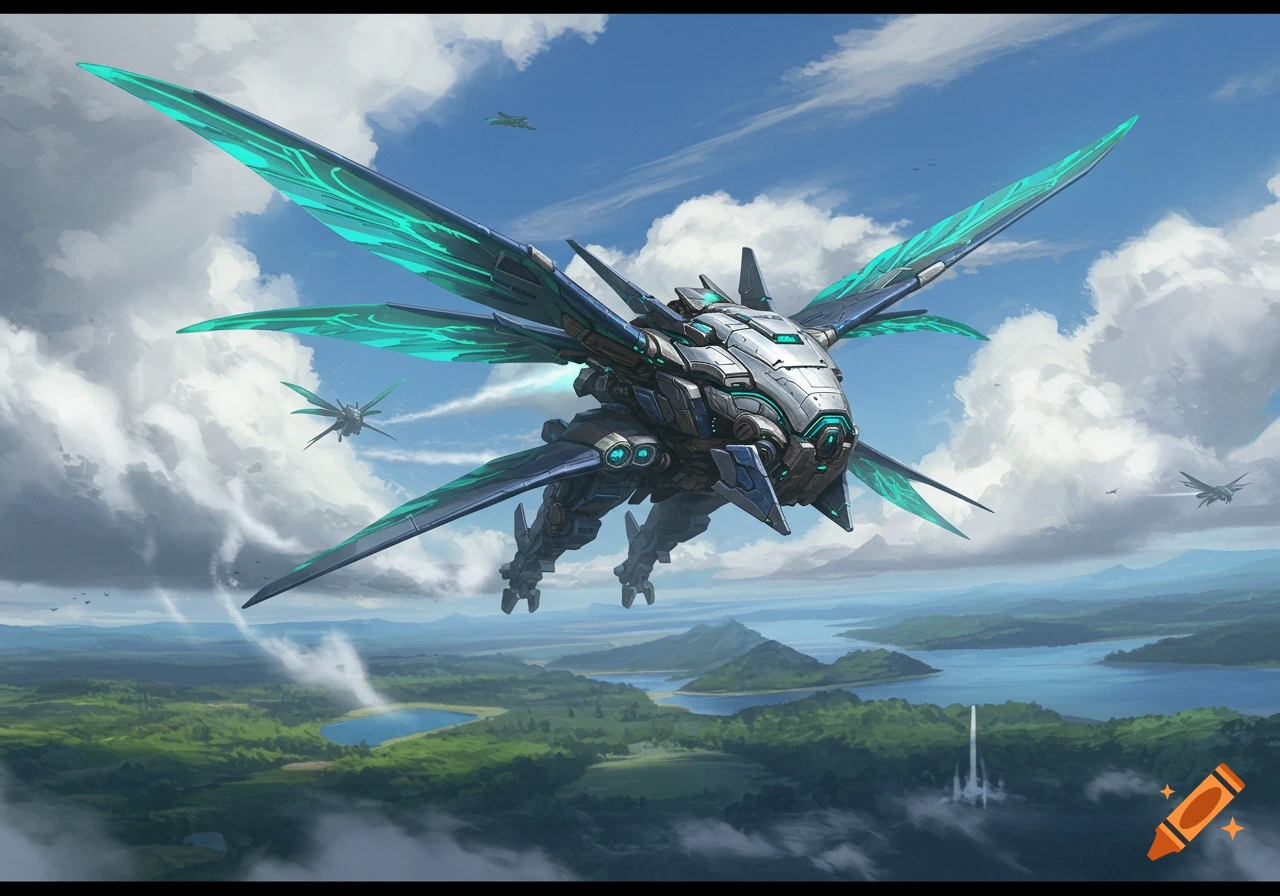 A futuristic flying tank with multiple weapon turrets and rocket ...