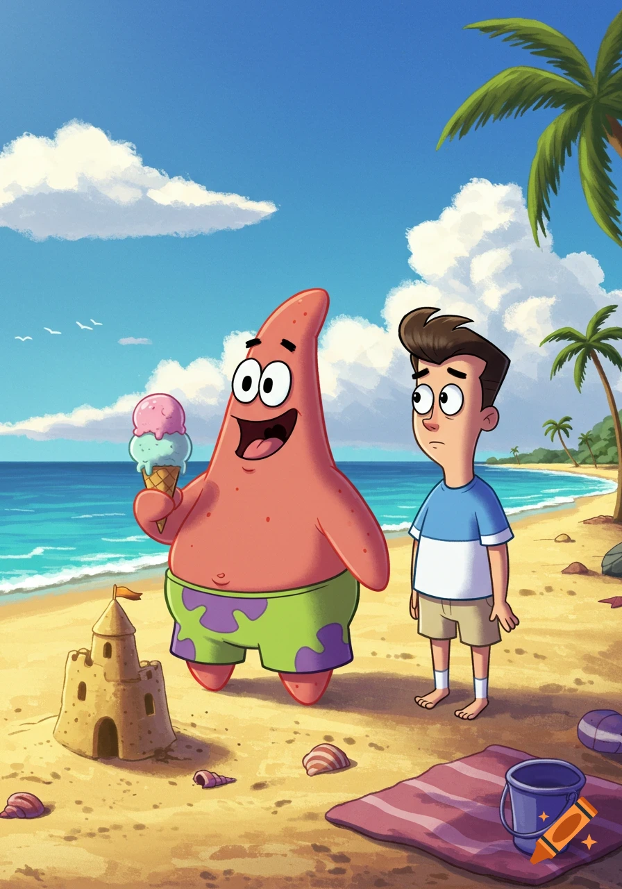 A blonde boy with crossed arms stands on a sunny beach with palm trees ...