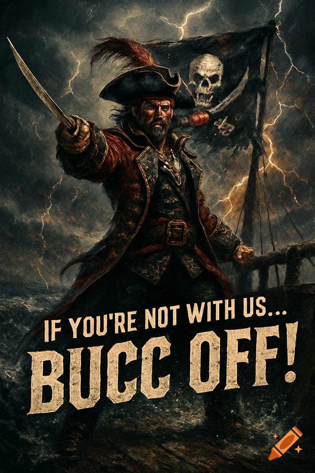 A dramatic illustration of a bearded pirate captain with a sword on a stormy ship under a ...