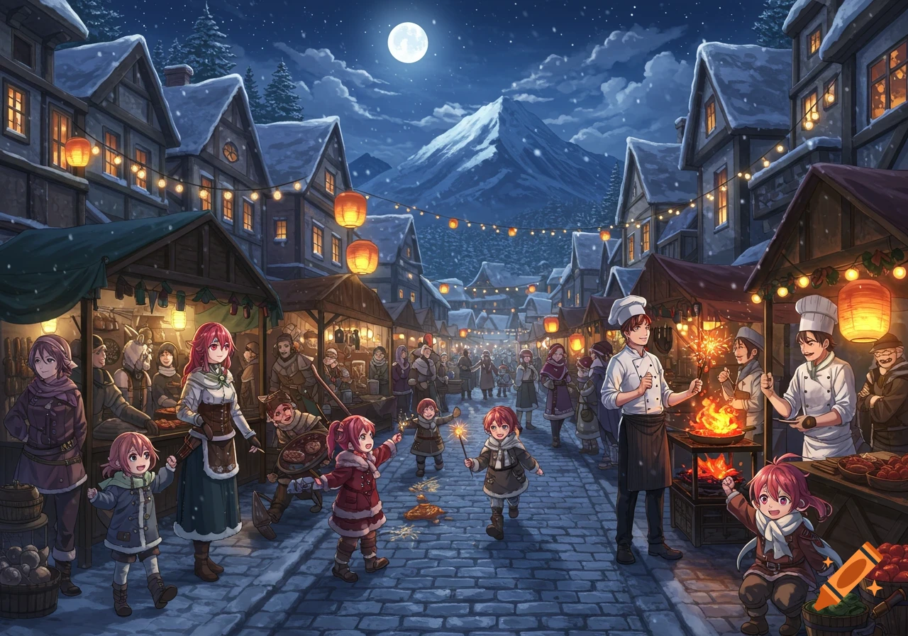 Anime winter festival in a snowy medieval town at night. People, cooks ...