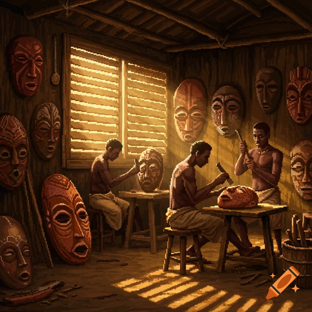 Pixel art of African mask craftsmen carving tribal masks in a sunlit ...