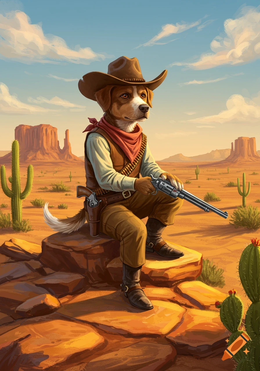 A brown and white dog dressed as a cowboy, wearing a hat and holding a ...