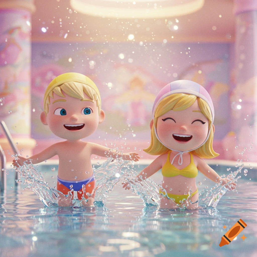 Two smiling blonde animated children in swimsuits and caps splash water ...
