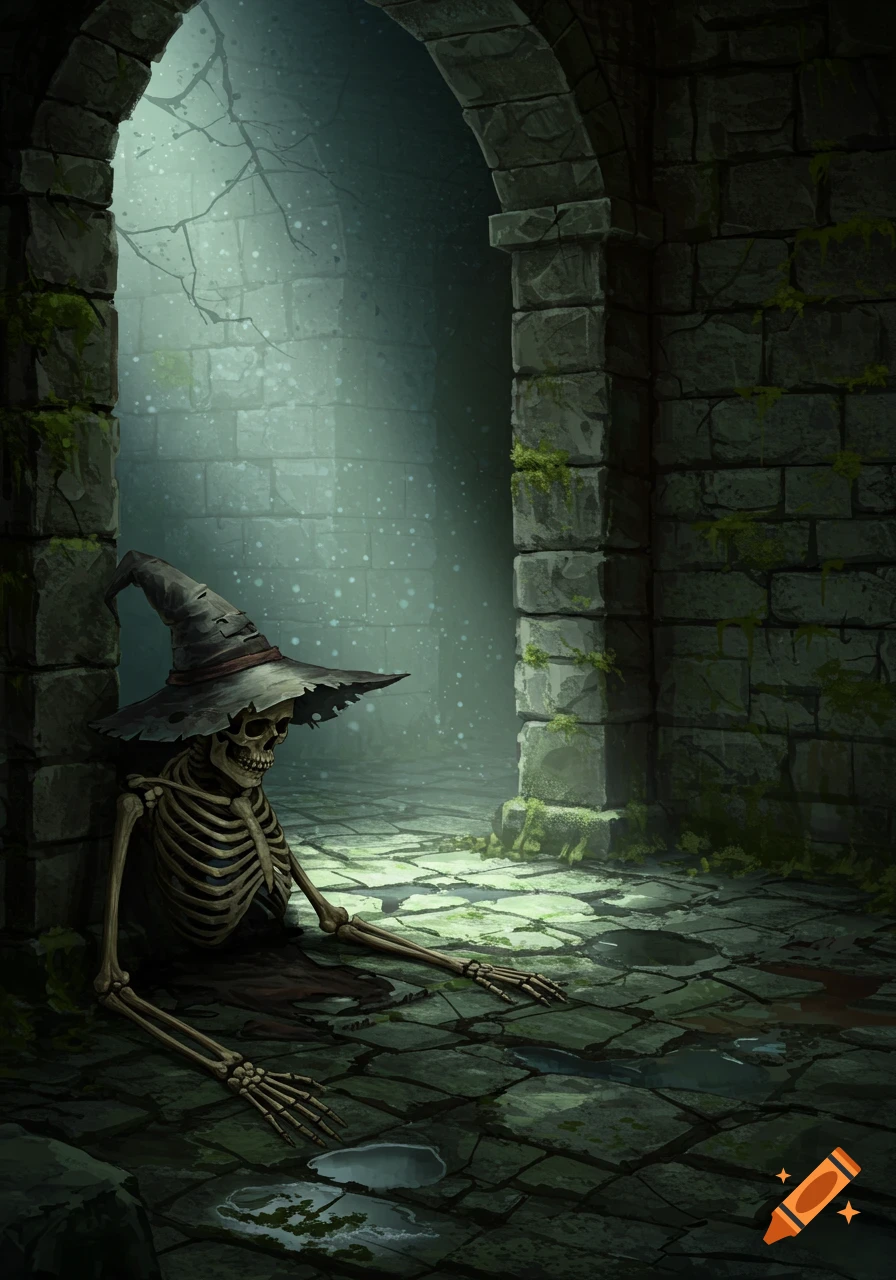 A skeleton wearing a tattered wizard hat slumps against a mossy stone ...
