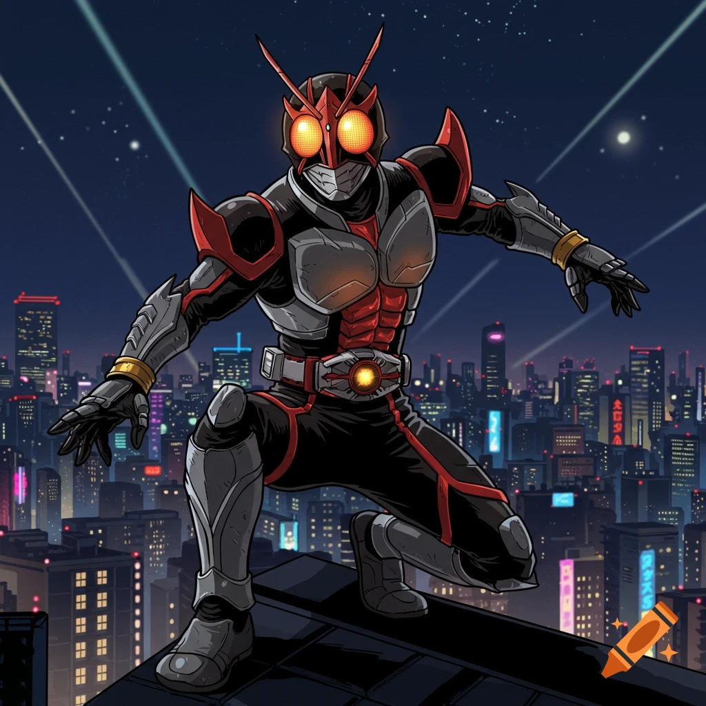 Kamen Rider in a black and red suit crouching on a rooftop against a ...