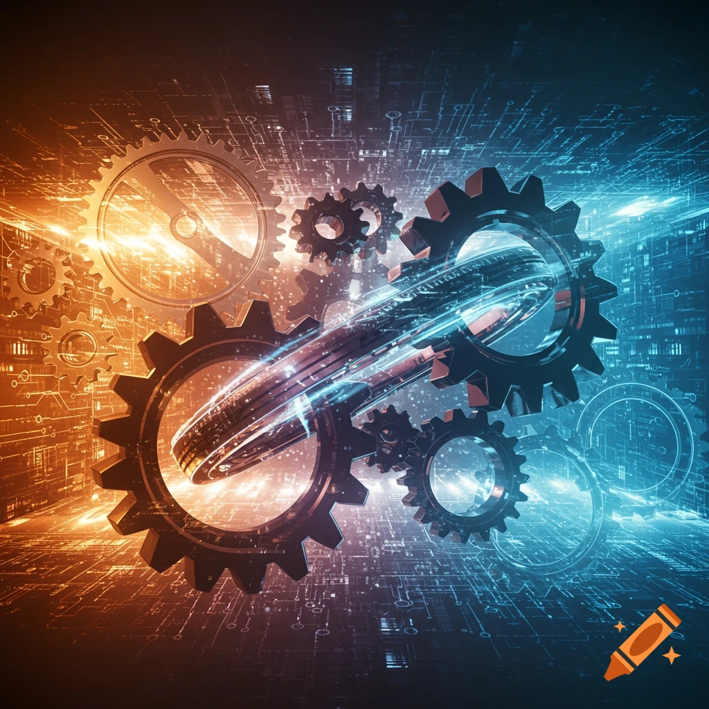 A glowing, futuristic clock with intricate gears and circuit board ...