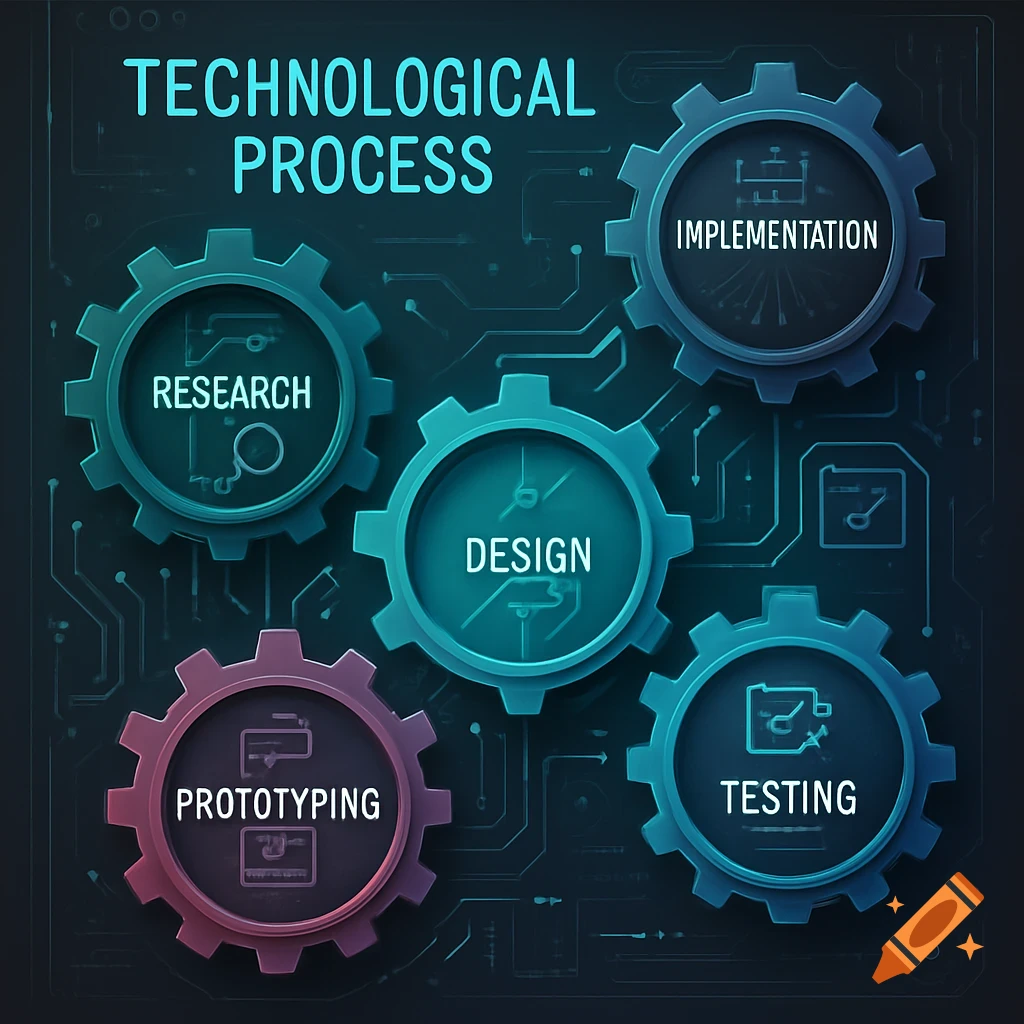 Infographic showing five interconnected gears representing stages of a technological process ...
