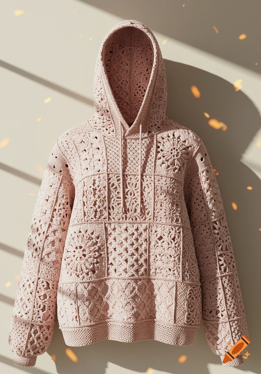 A light pink crochet hoodie made of square patches with various ...