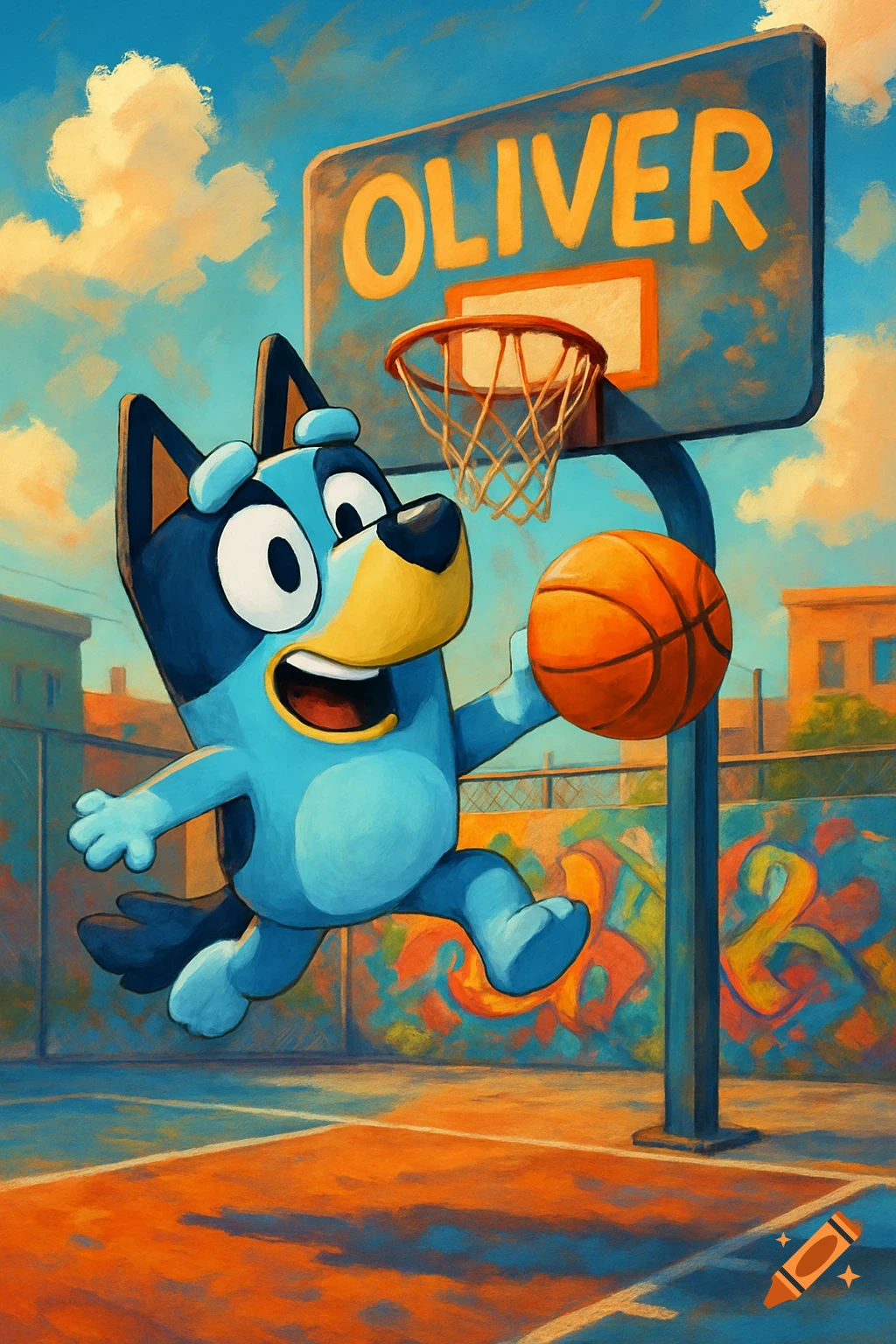 A blue cartoon dog resembling Bluey jumps with a basketball for a layup ...