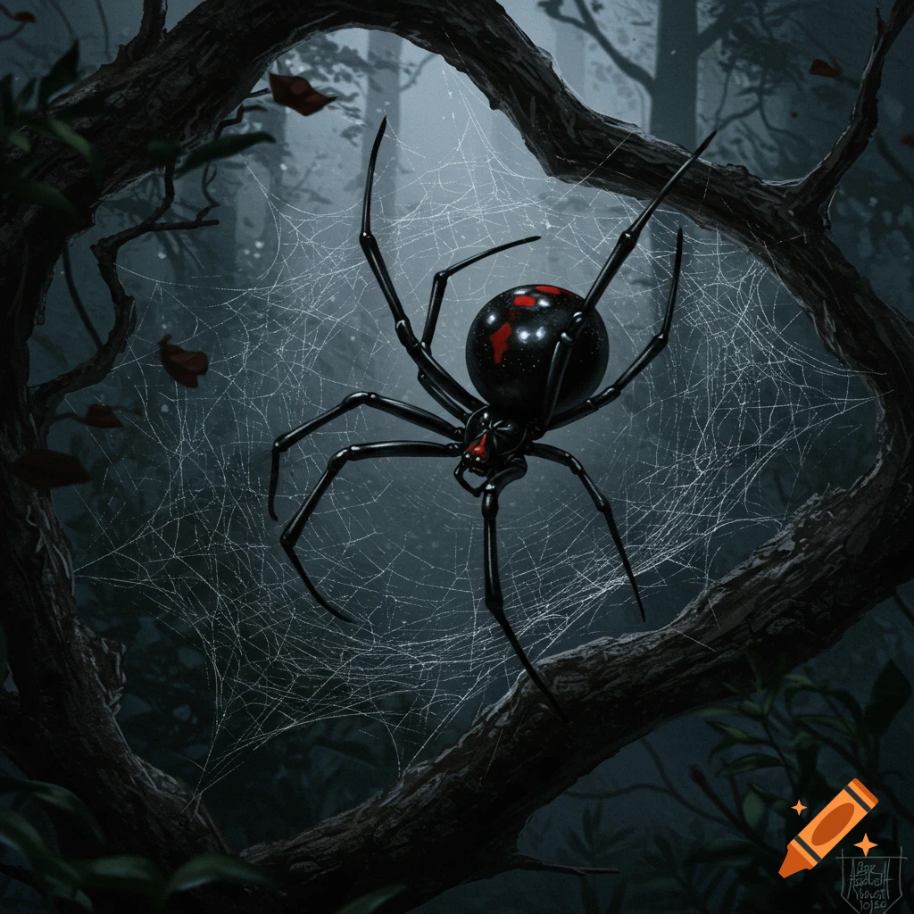 A black widow spider with a red hourglass marking sits on a dewy web ...