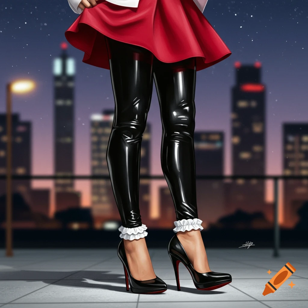 Stylized art of a person's legs in shiny black leggings, red mini-skirt ...