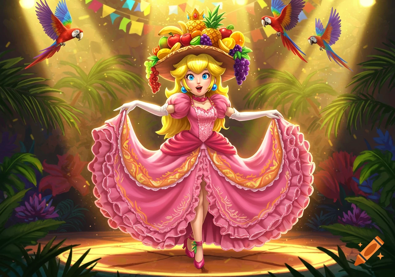 Princess Peach dressed as Carmen Miranda, dancing in a vibrant ruffled ...