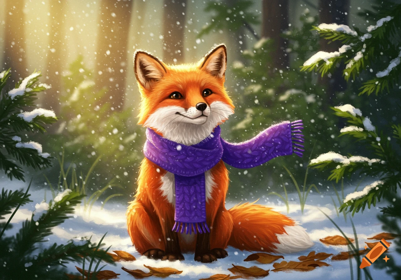 A cute fox in a red hat holds a blue gift in a snowy gingerbread ...