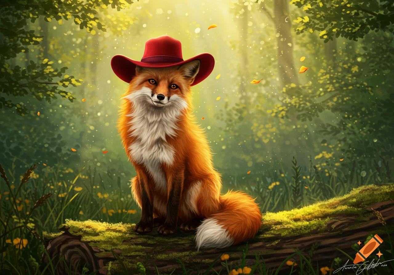 Whimsical illustration of a fox wearing a red cowboy hat, sitting on a ...