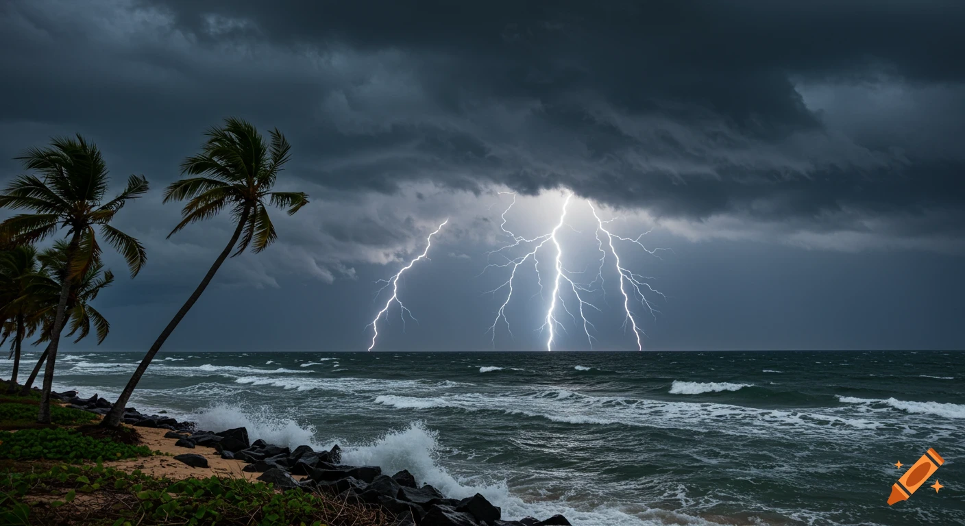 A dark, ominous beach scene with a stormy sky, crashing waves, and multiple lightning bolts ...