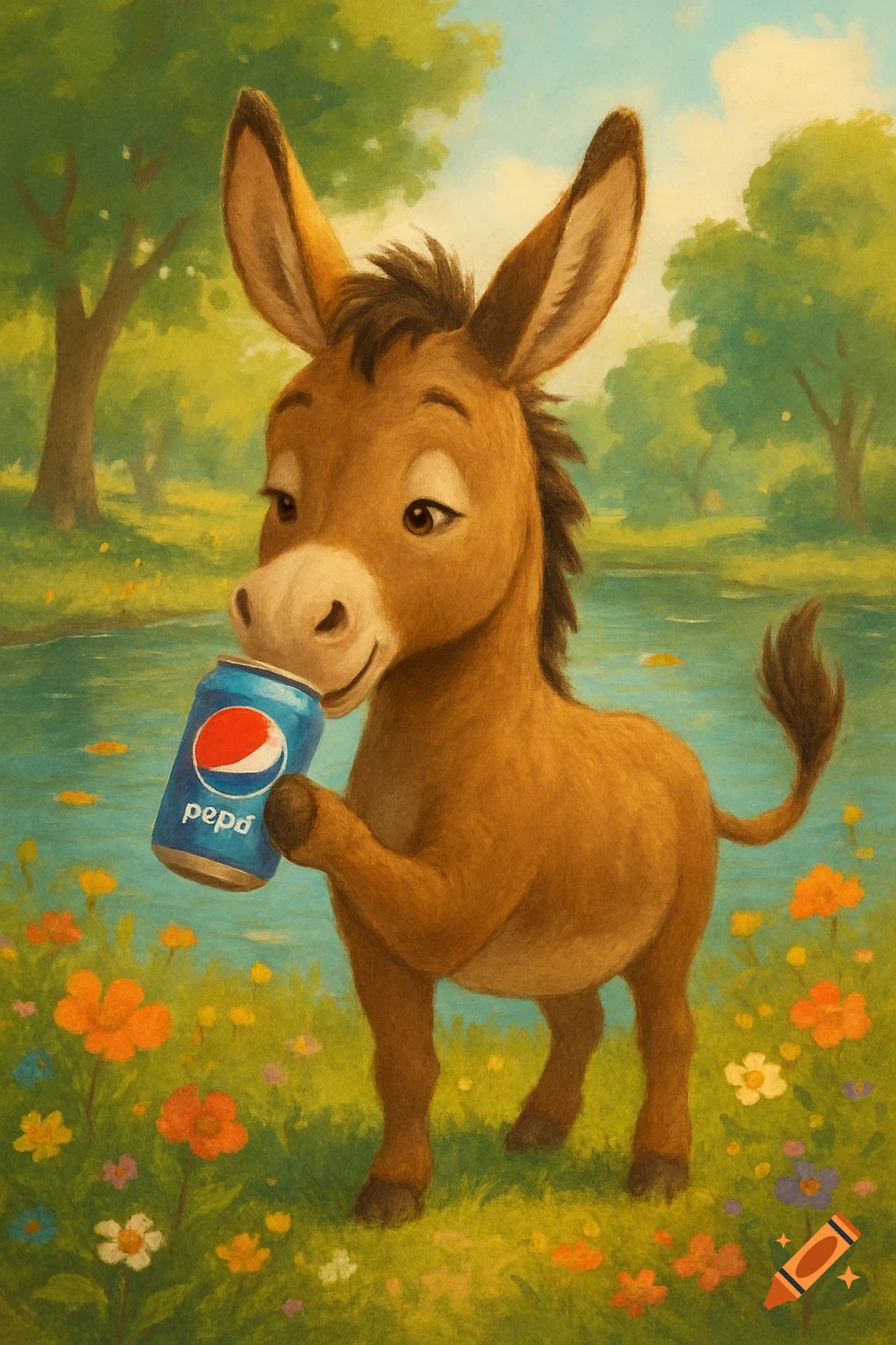 Cartoon-style gray donkey-like creature with a stubborn frown, standing on a path in a landscape ...