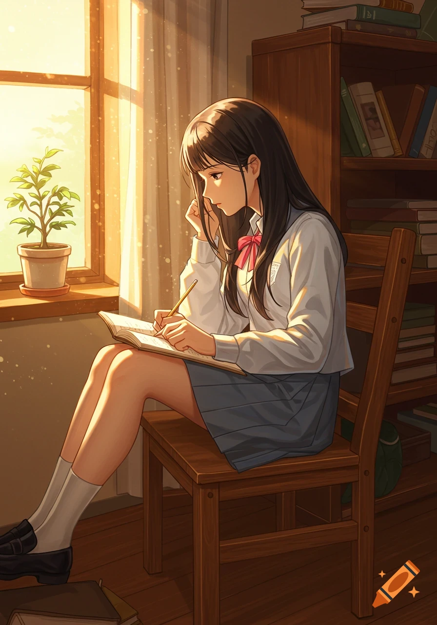 Anime girl in a wooden pillory in a village square at sunset ...