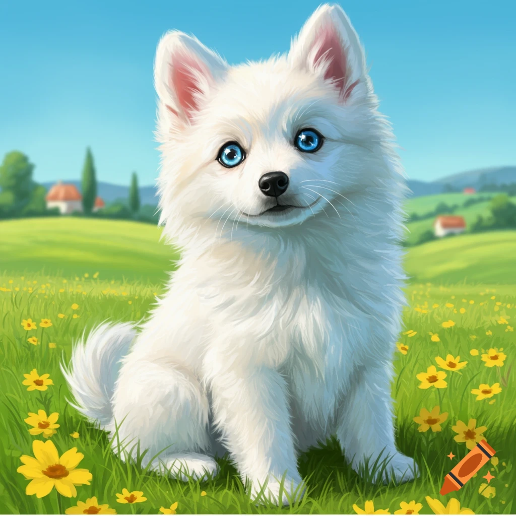 A cute cartoon anthropomorphic wolf puppy with light blue and cyan blue ...