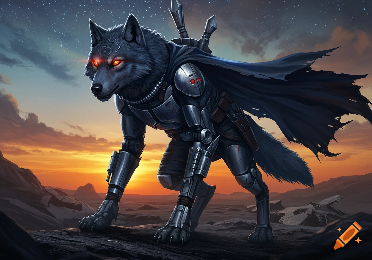 A menacing armored wolf-like creature with glowing red eyes and a dark ...