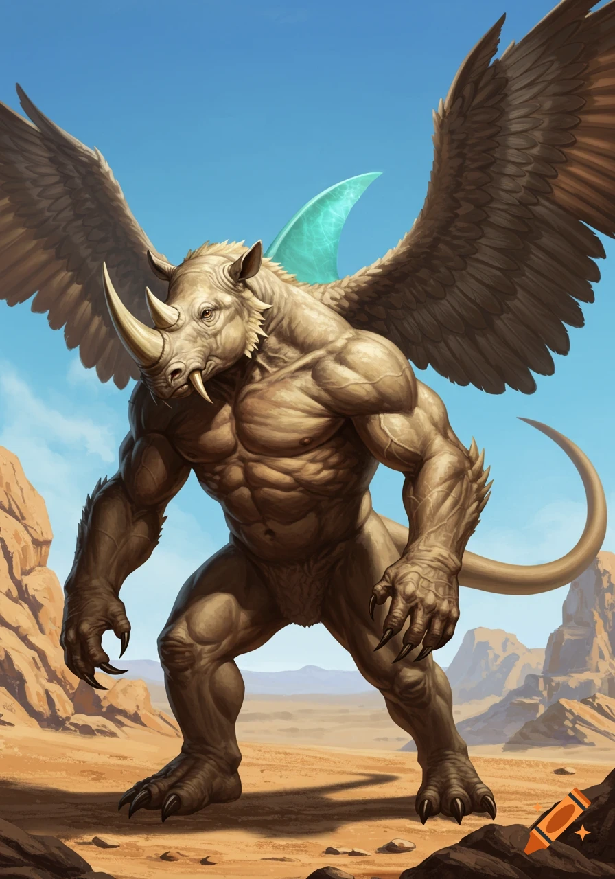 A muscular, bipedal fantasy creature with a rhinoceros head, large ...