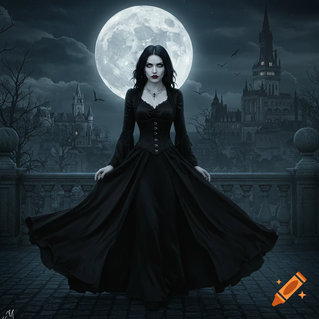 A gothic female vampire in a long black dress stands on a stone balcony ...
