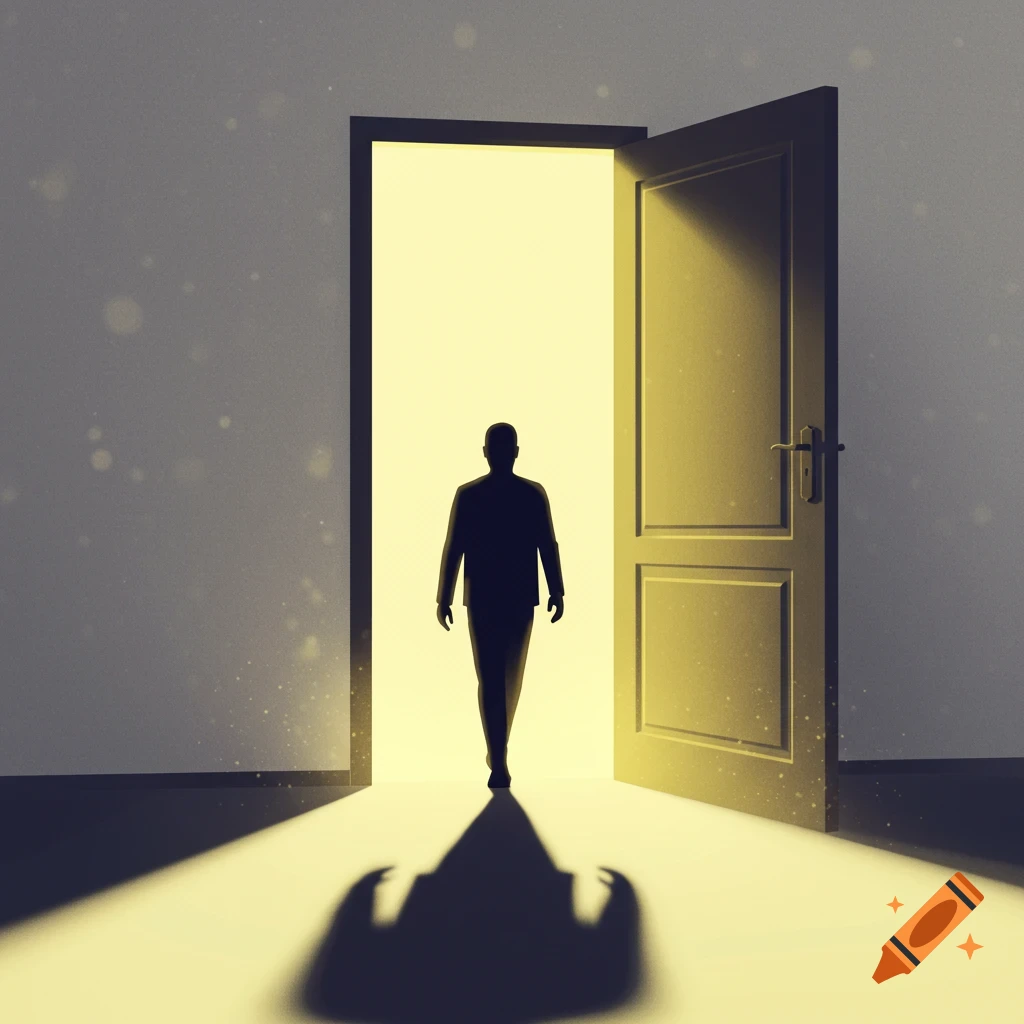 A silhouette of a person walks through a brightly illuminated doorway ...