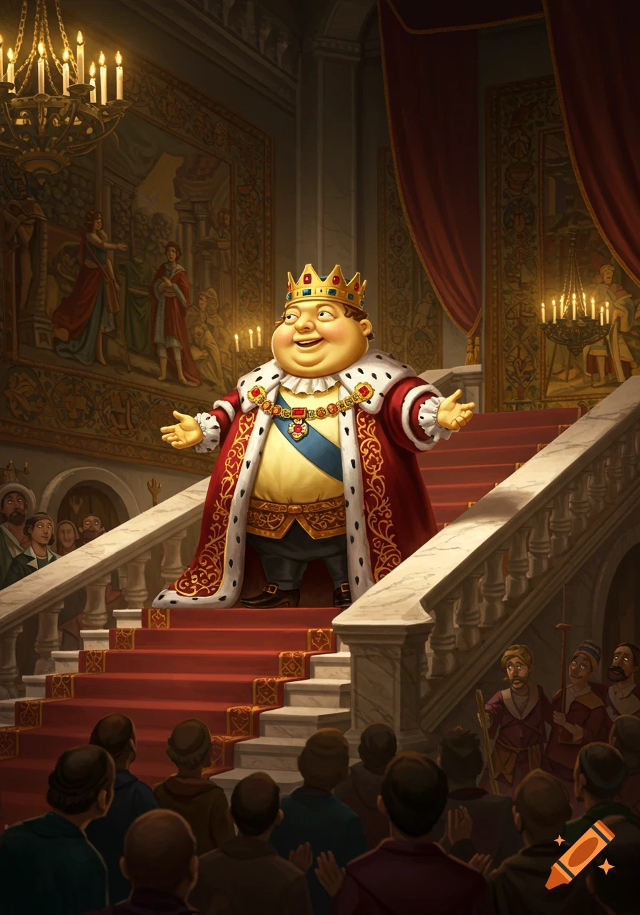 A regal anthropomorphic tiger king in ornate robes and a crown stands ...