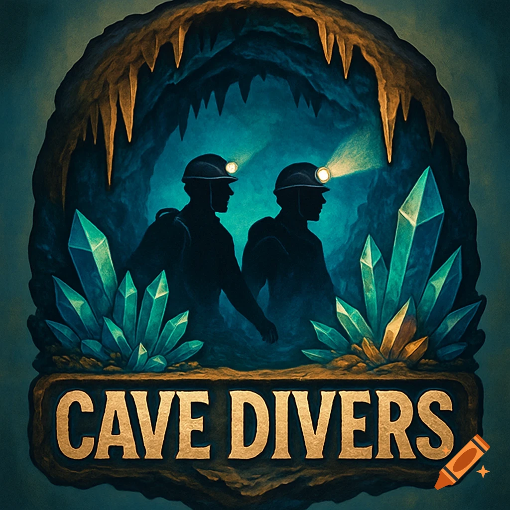 Stylized icon of two silhouetted cave divers with headlamps in a dark, crystal-filled cave, with ...