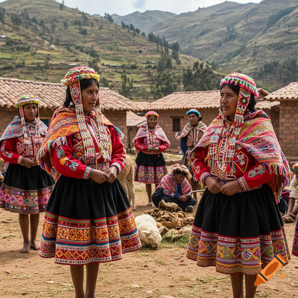 Indigenous women in vibrant traditional clothing stand in a rural ...