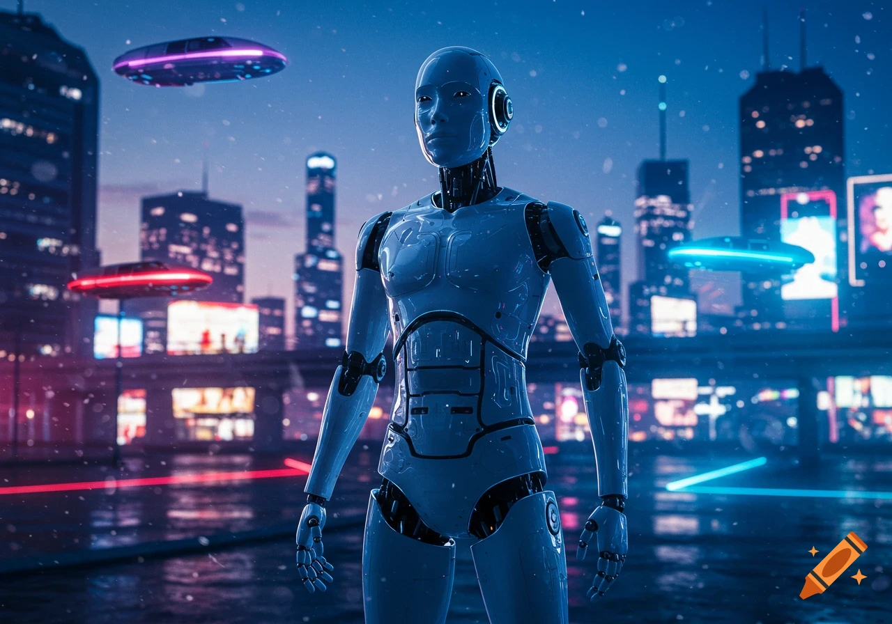 Photorealistic silver humanoid robot stands in a futuristic city at ...