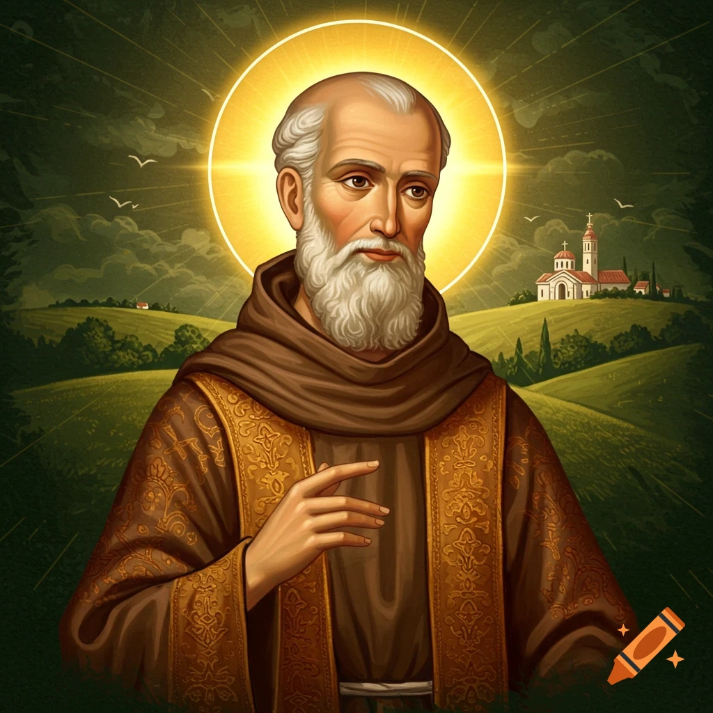 Illustrated portrait of a bearded saint with a radiant halo, wearing ...