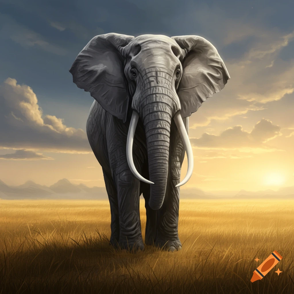 A majestic elephant with large tusks stands centered in a golden ...