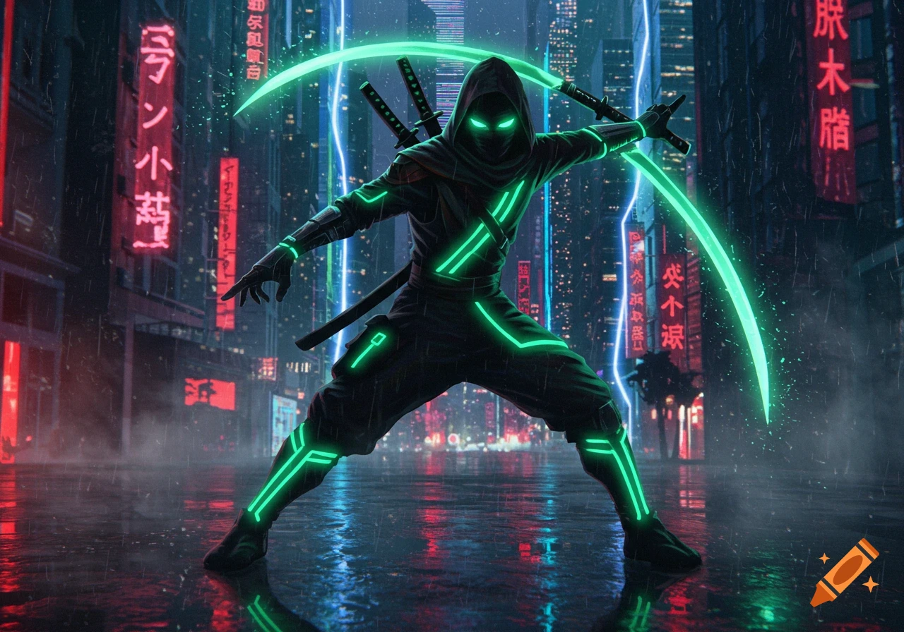 A neon-lit ninja with glowing green outlines and twin curved blades ...