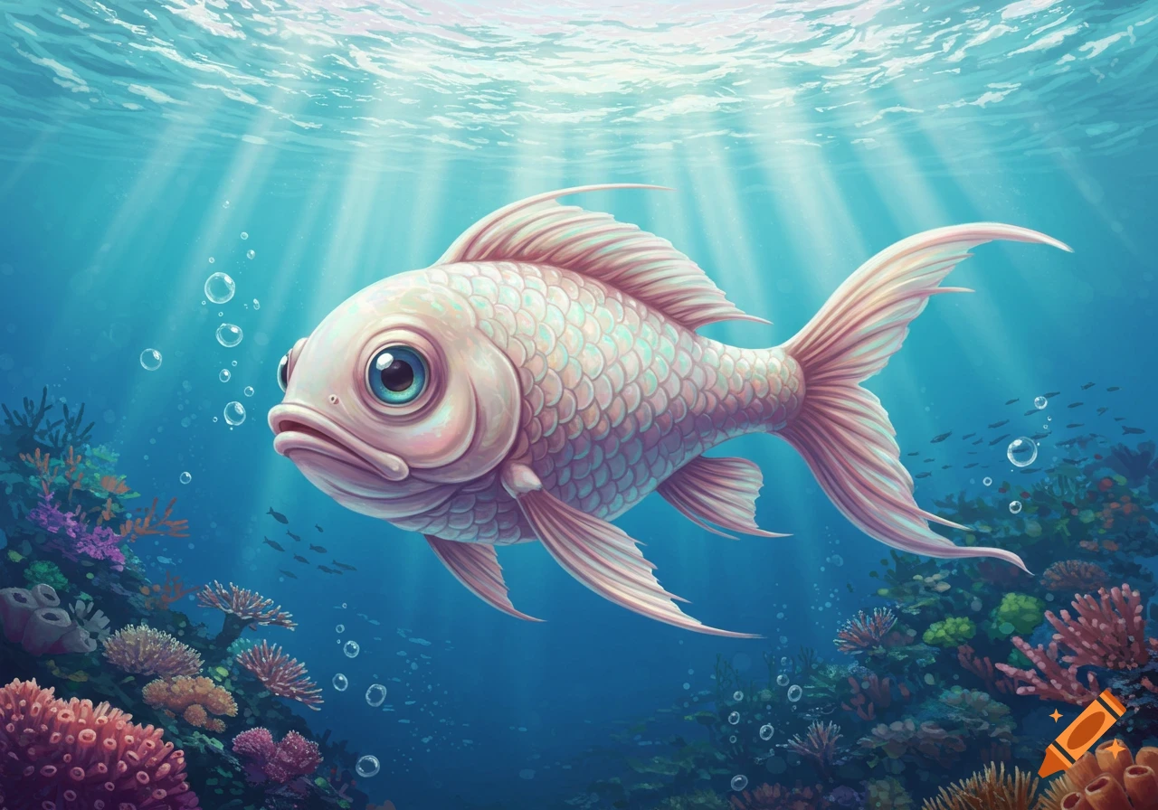 A muscular, humanoid fish creature swims powerfully underwater ...
