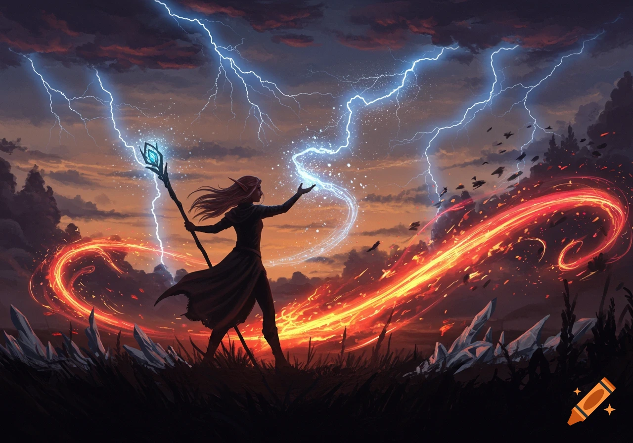 An elf wizard conjures lightning and fire under a dramatic, stormy ...