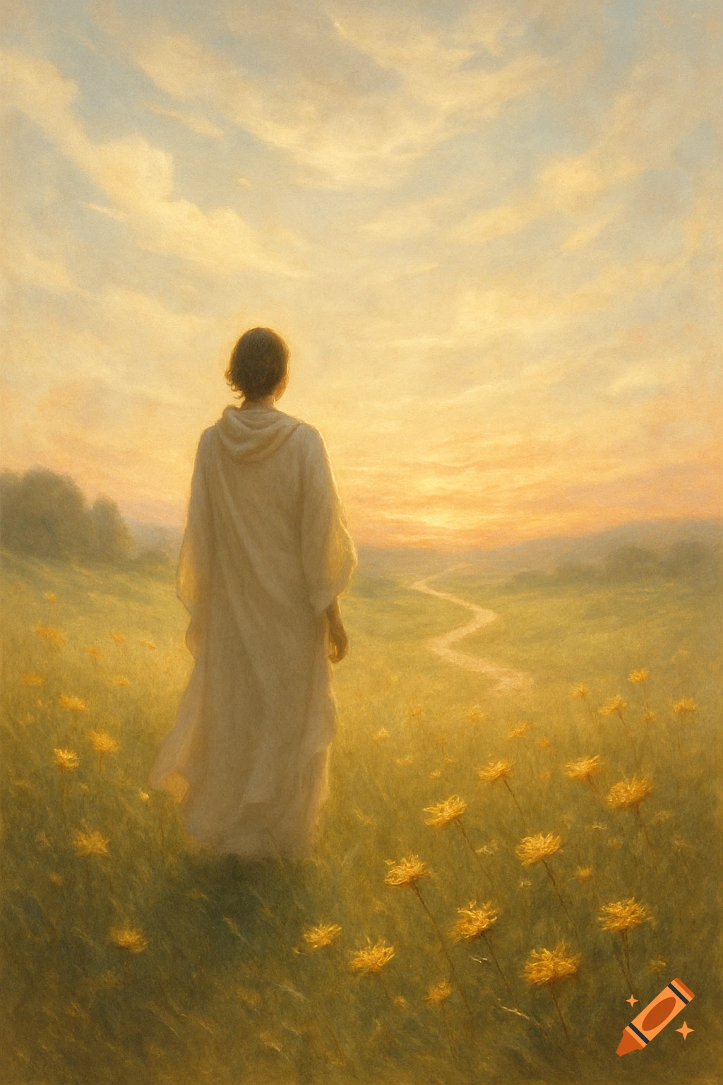 Painterly image of Jesus looking down at a sad baby lamb in a grassy ...