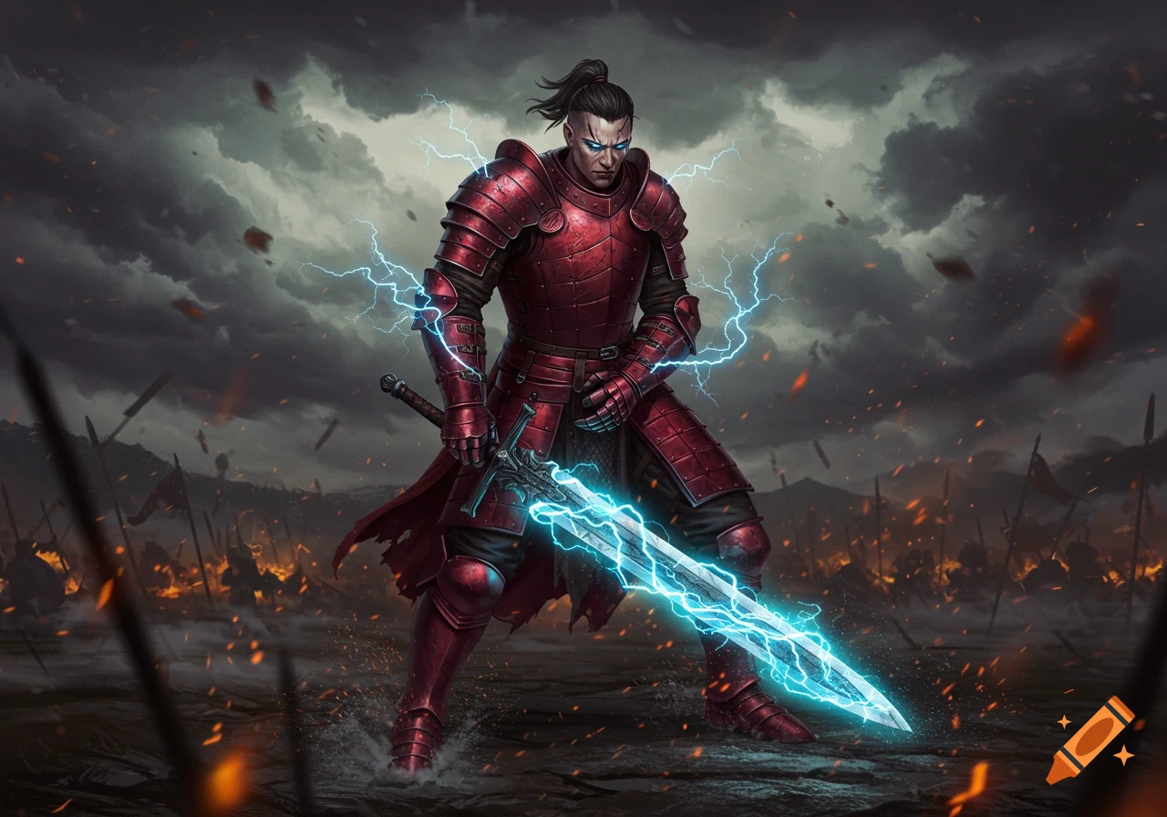 A dark fantasy warrior in spiked armor wields a glowing sword, standing ...