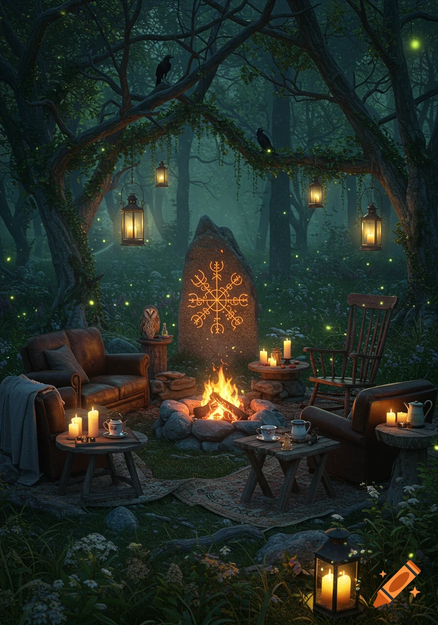 A mystical forest clearing at night with a glowing runestone, fire pit ...