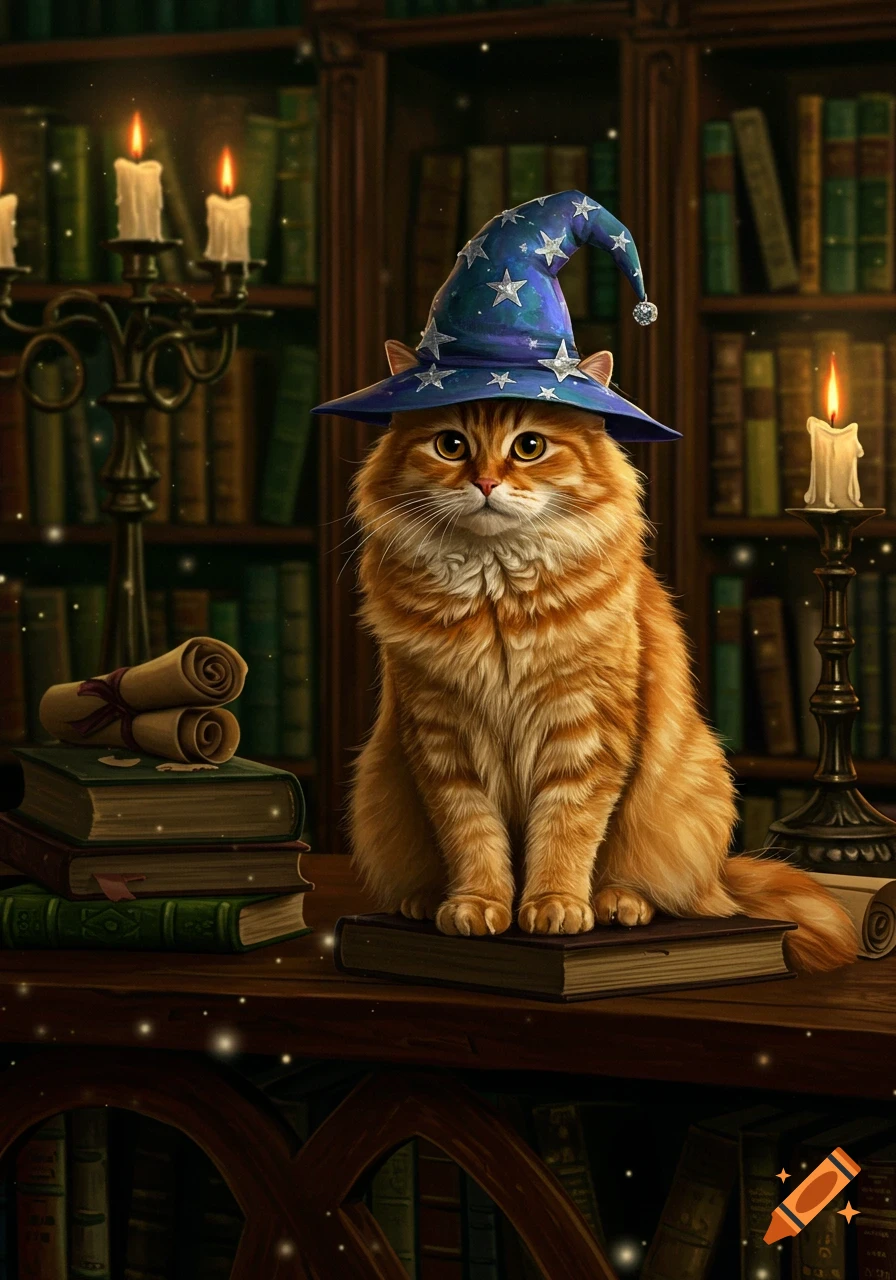 A fluffy orange tabby cat wearing a blue wizard hat sits on books in a ...
