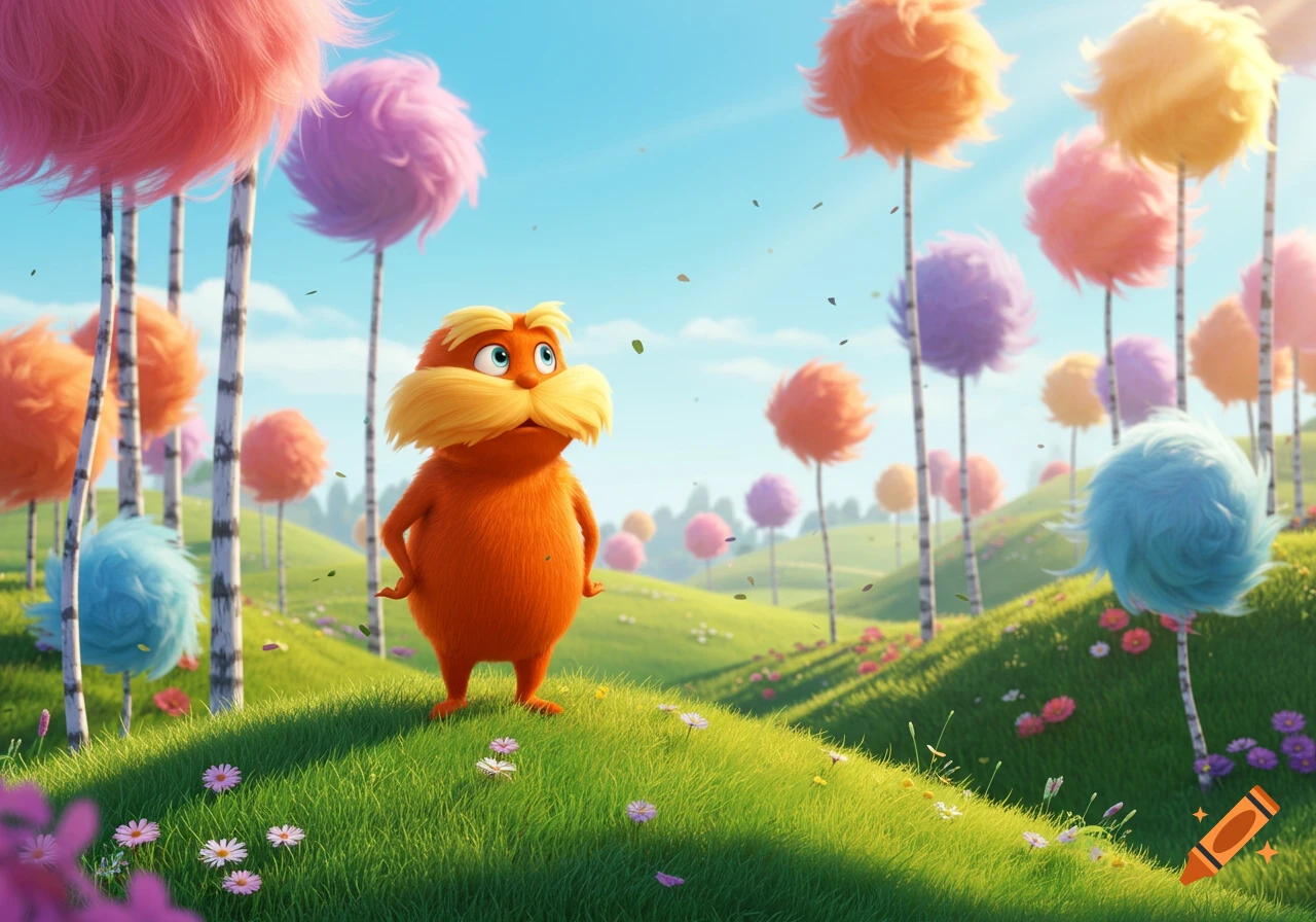 The Lorax stands on a grassy hill, looking contemplative, surrounded by ...