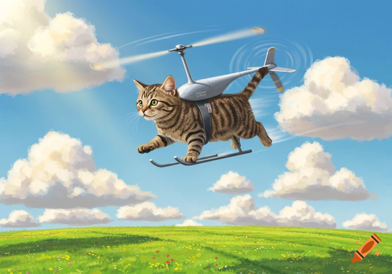 A grey tabby cat with a red superhero cape flies through a blue sky ...