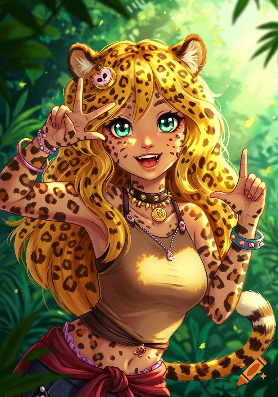 A smiling anime girl with leopard ears, spots, and tail, making peace ...