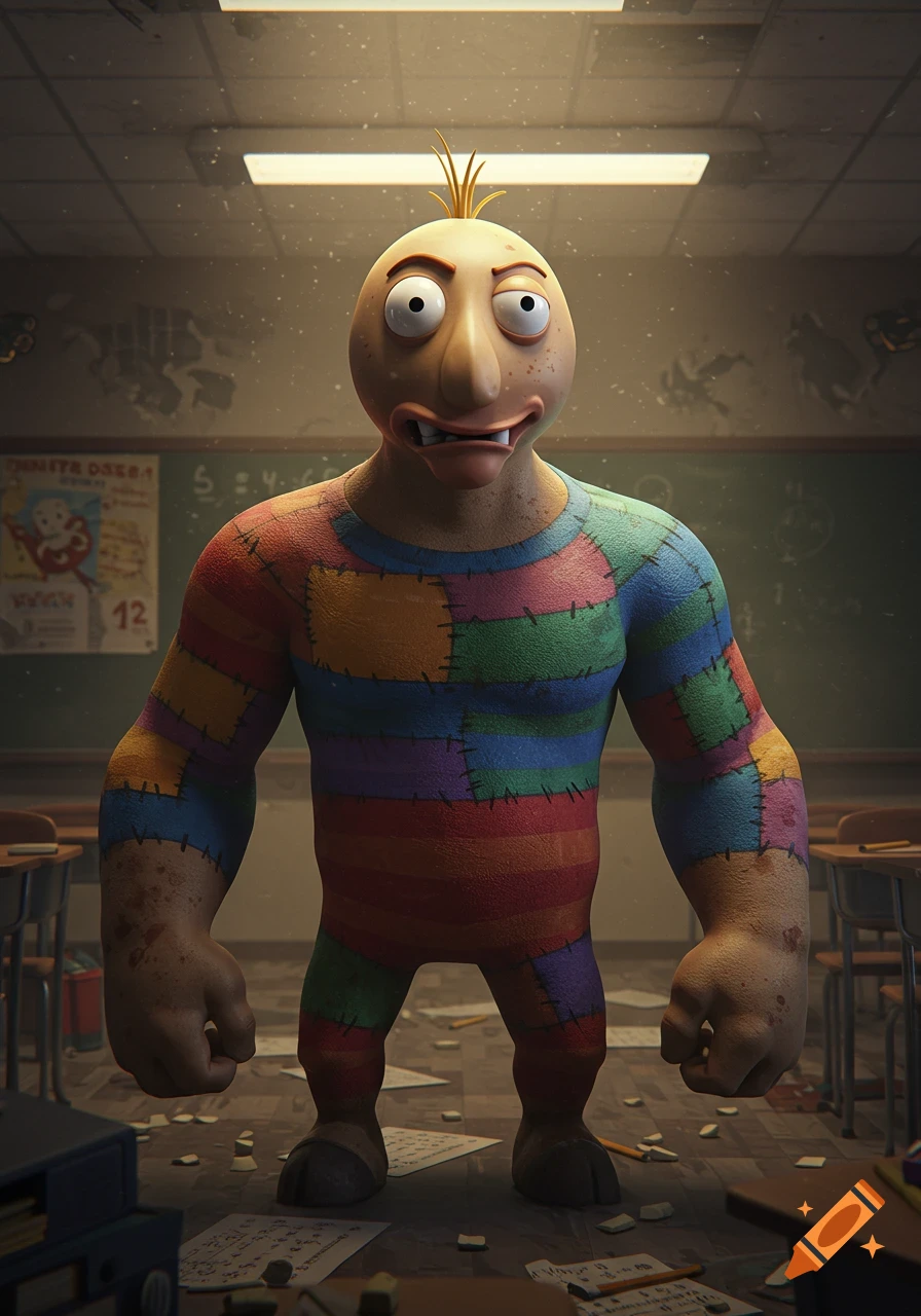 A stylized cartoon character resembling the Baldi's Basics Bully ...