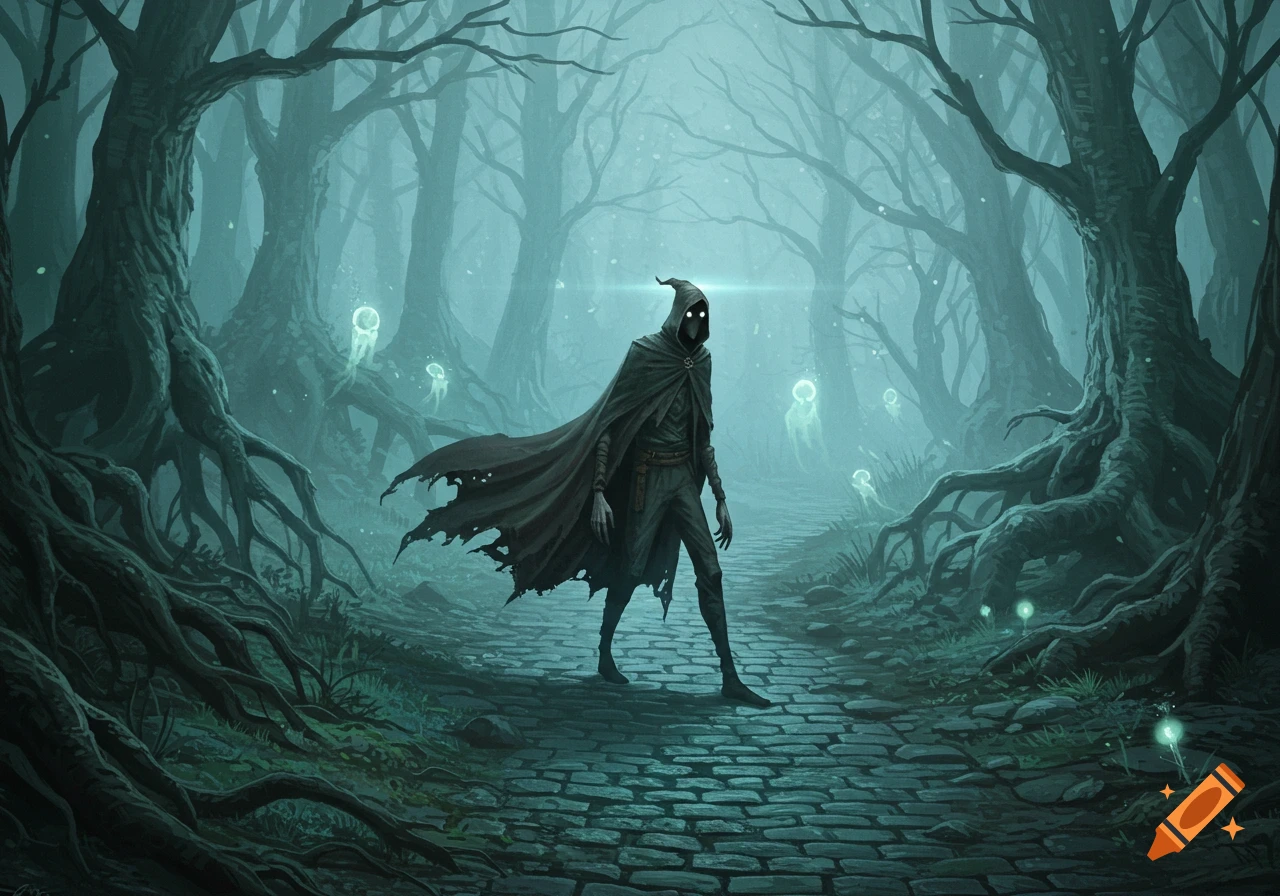 A cloaked figure holding a glowing lantern walks along a path through a ...