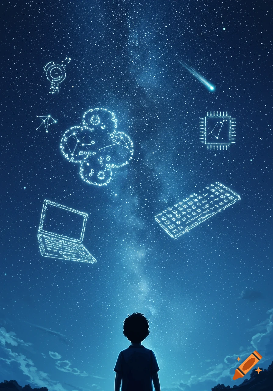 A boy gazes up at a blue starry night sky where constellations form ...