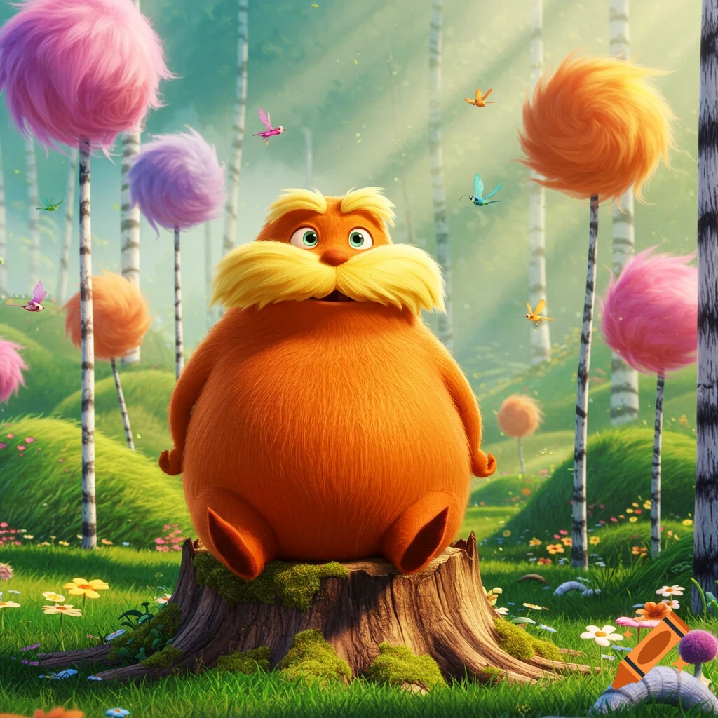 The Lorax sits on a mossy tree stump in a vibrant, whimsical forest ...